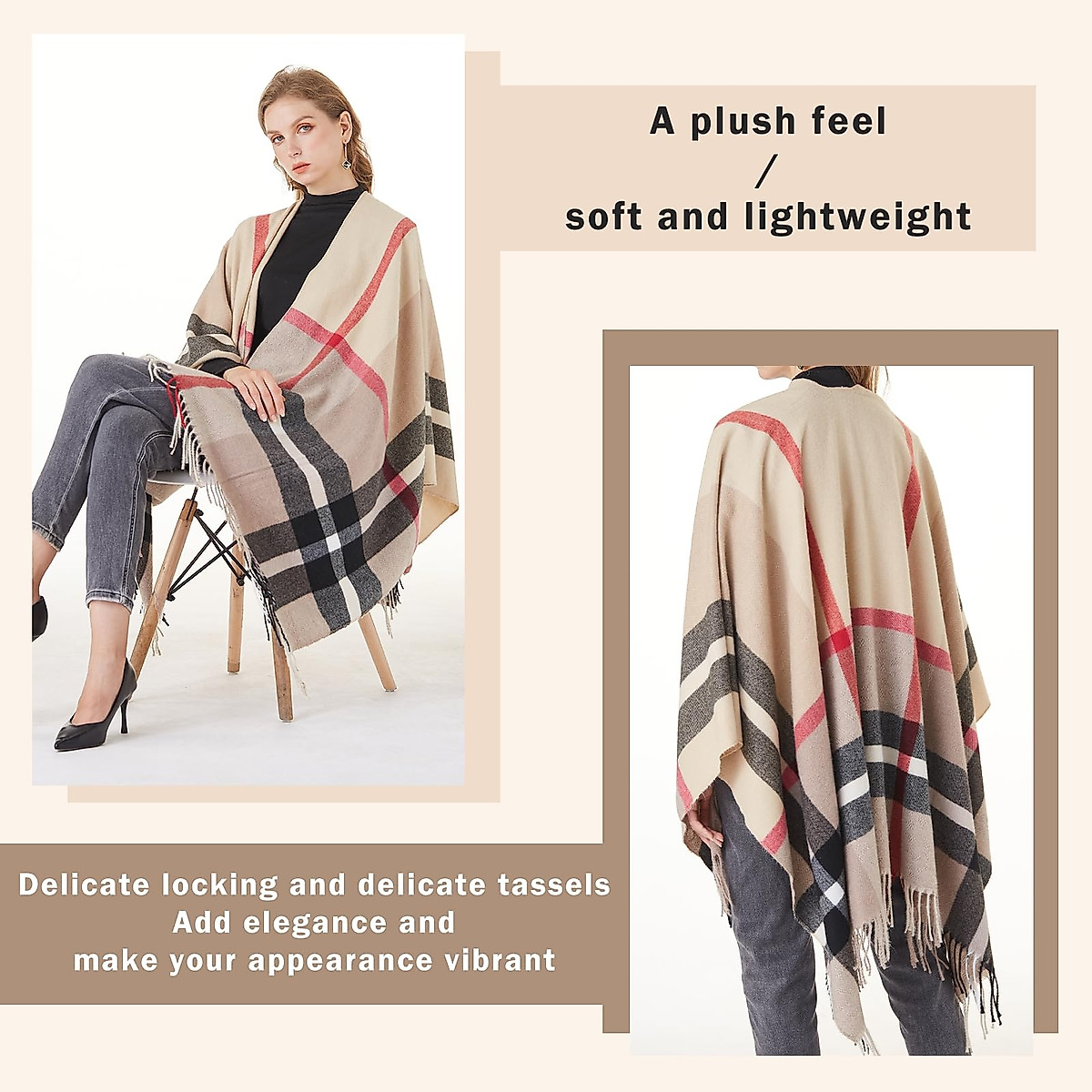 Rofilan Women's Plaid Shawl Wrap Warm Cardigan Open Front Poncho Cape for Central Air Conditioning or Public Chilly Places