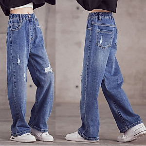 YaYatree Fashion Kids Girls Ripped Distressed Washed Wide Leg Casual Jeans Size 4-13 yrs (Blue Solid, 10-11 Years)