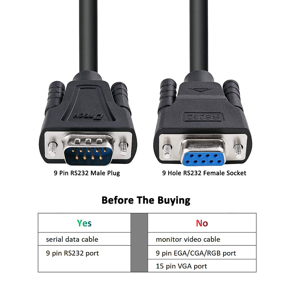 DTech DB9 RS232 Serial Cable Male to Female Null Modem Cord Full Handshaking 7 Wire Crossover for Data Communication (15 Feet, Black)