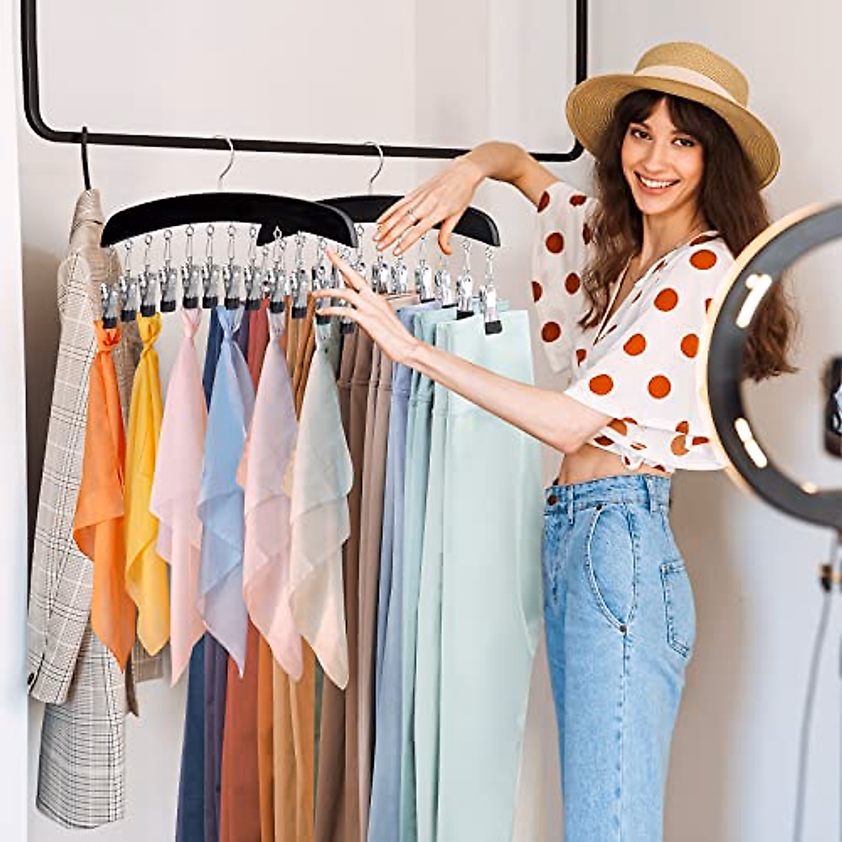 Leggings Hanger Organizer, MEILIDY 2 Packs Closet Wooden Leggings Hangers with 24 Clips Space Saving Pants Clip Hangers with 360° Swivel Hook for Shorts Skirts Scarves Hats Tanks - Black