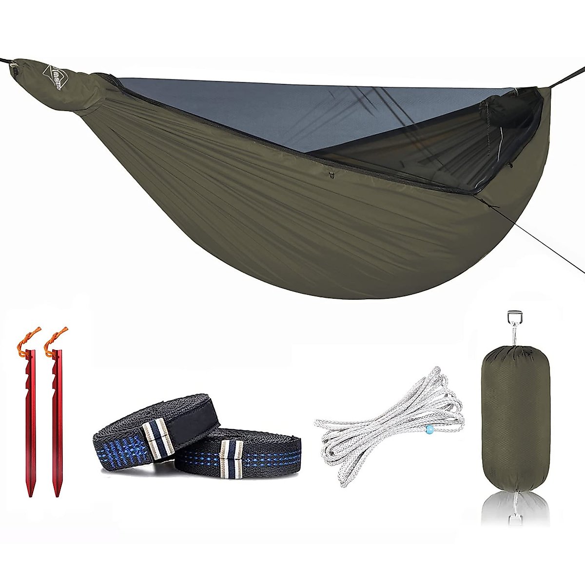 Onewind 11Ft Camping Hammock with Mosquito Net and Structure Ridgeline, Lightweight Portable Double Hammock with 12ft Tree Straps, Ideal for Camping, Hiking, Backpacking, OD Green