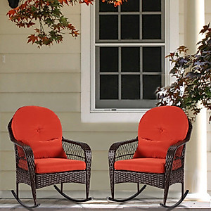 B BAIJIAWEI 2pcs Outdoor Wicker Rocking Chair All Weather Wicker Rocker Chair with Cushions for Garden Patio Yard Porch Lawn Balcony Backyard (2PCS-Brown Wicker-Orange)