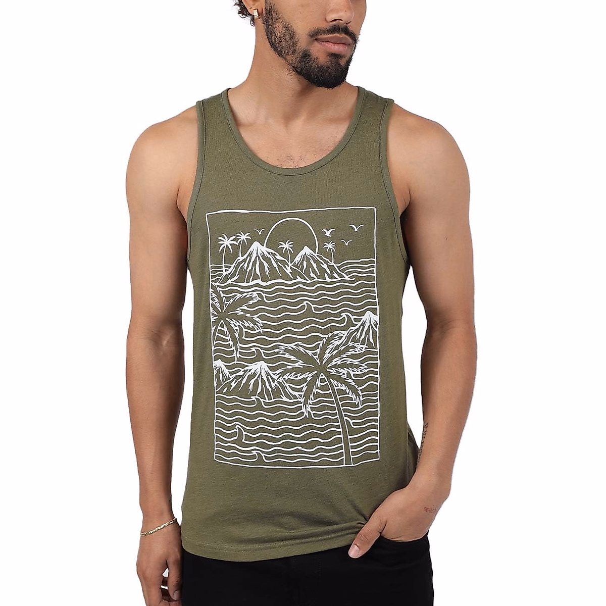 INTO THE AM Summer Islands Graphic Tank Tops for Men - Premium Summer Sleeveless Beach Fashion Men's Tank Tops (Olive Green, X-Large)