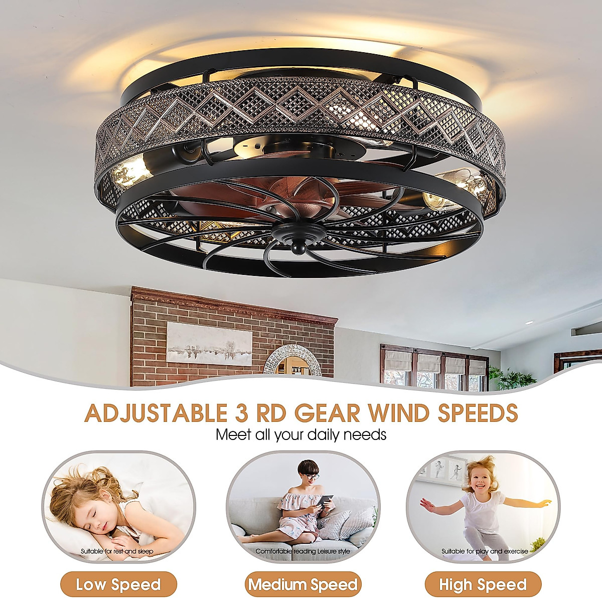SHIHOT Low Profile Caged Ceiling Fans with Lights and Remote, Flush Mount Ceiling Fan with Light, Bedroom Fan, Small Industrial Black Ceiling Light Fixture, Reversible(Bulbs not Included)