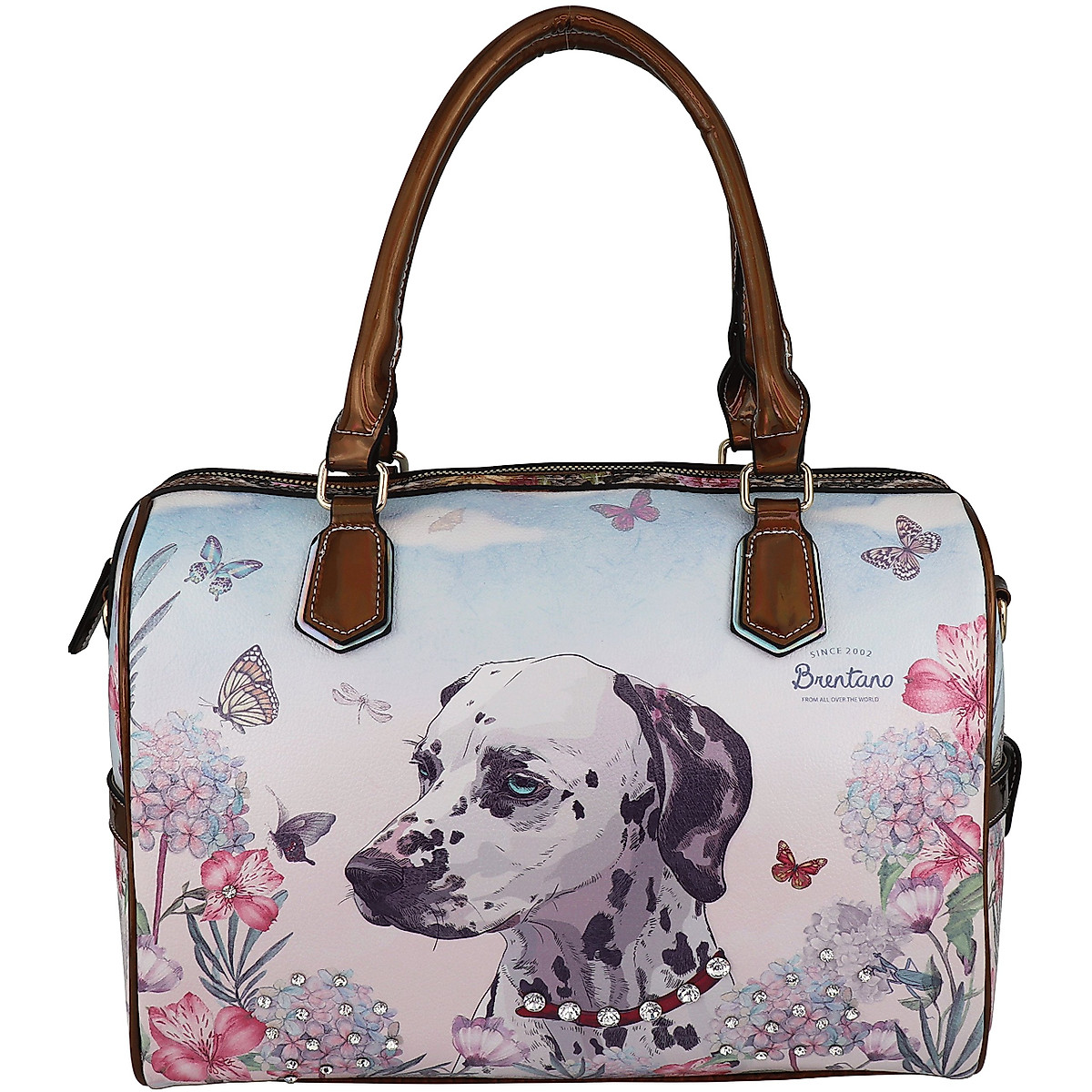 B BRENTANO Vegan Cute Animal Graphic Top Handle Boston Shoulder Bag with Rhinestones (Cozy Dog Wagon.)