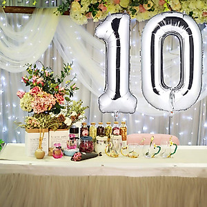 Huture 40 Inches Jumbo Digital Number Balloon Huge Giant Balloon Foil Mylar Balloons for Birthday Party Wedding Bridal Shower Engagement Photo Shoot Anniversary, Number 10 Silver Balloon