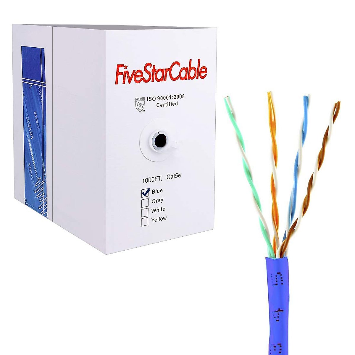 FiveStarCable Cat5e 1000 Ft. Ethernet 24AWG 4 Twisted Pair UTP Internet Network Router LAN IP Camera System Bulk Cable Wire Pull Box - Blue Color