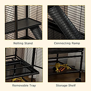 PawHut Guinea Pig Cage with Tray, Small Animal Habitat, Metal Wire Chinchilla Cage, Hedgehog Cage, Pet Ferret Cage with Wheels & Storage Shelf, Little Critter Cage