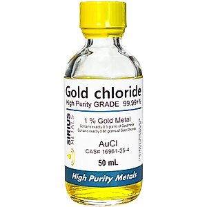 Gold Chloride - 1.725% (1.0% as 99.997% Pure Gold Metal) - 50 mL in a Clear Glass Bottle