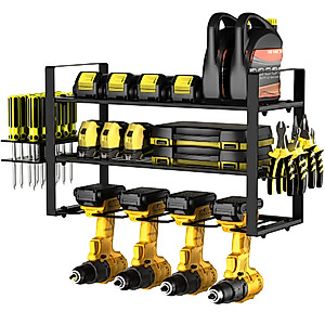 GIOTORENT Power Tool Organizer, Garage Shelving Heavy Duty, 4 Drill Holder Wall Mount, 3 Layers Storage Rack for Work Shop, Garage, 150Lbs Load Capacity, Matte Black