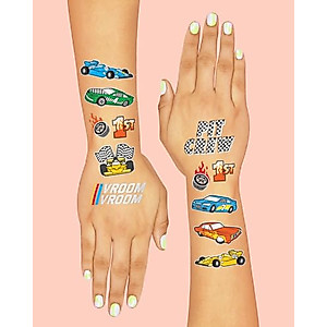 xo, Fetti Race Car Party Supplies Temporary Tattoos - 46 Foil Styles | Racecar Birthday, Pit Crew, Checkered Flags, Vroom, Wheels