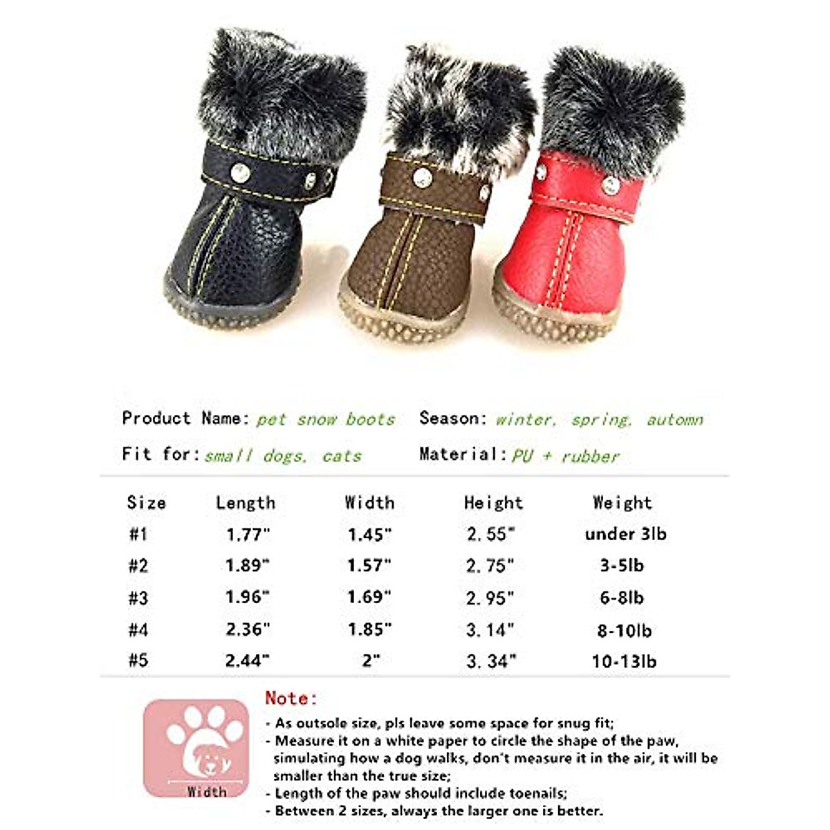 Hdwk&Hped Warm Dog Snow Boots Waterproof PU Small Dog Boots Anti-Slip Pet Shoes Paw Protector for Winter 2 Styles #1-#5 (Rhinestone Style - red, #1)