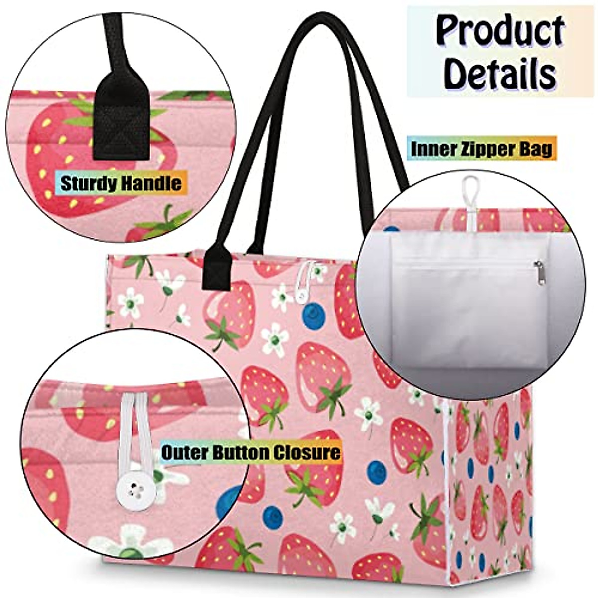 Pink Strawberry Reusable Grocery Shopping Bag with Hard Bottom, Strawberry Pattern Large Foldable Multipurpose Heavy Duty Tote with Zipper Pockets, Stands Upright, Durable and Eco Friendly, Beach Bag