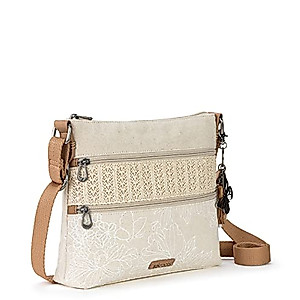 Sakroots Basic Crossbody Bag in Coated Canvas, Multifunctional Purse with Adjustable Strap & Zipper Pockets, White Flower Blossom