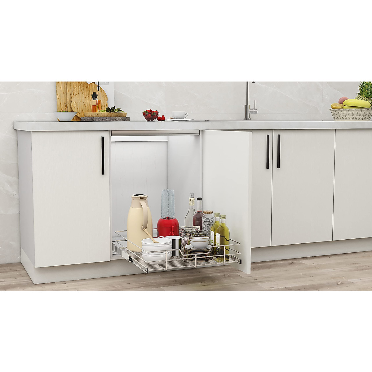 Pull Out Cabinet Organizer - Slide Out Under Cabinet Basket for Kitchen, Bathroom, Pantry Heavy Duty Slide Out Shelves, Requires At Least 24” Cabinet Opening (23.6W x 22D x 5.5H inch, Chrome)