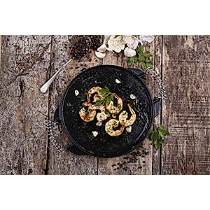 Victoria Round Cast Iron Gril. Double Burner Griddle, with Wire Handles Seasoned with 100% Kosher Certified Non-GMO Flaxseed Oil, 10 Inch, Black
