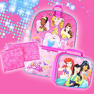 Disney Princess 16” Backpack for Girls 5 Piece School Lunch Box Set
