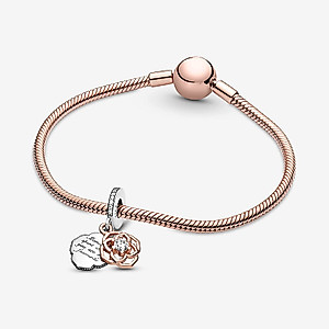 EZ Tuxedo Two-tone Rose Dangle Charms 14K Rose Gold Plated Pendant with Cubic Zirconia for Bracelets