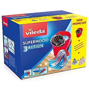 Vileda SuperMocio Box with Bow 3Action XL and Two Microfibre Bows and Power, Plastic/Microfiber, Red