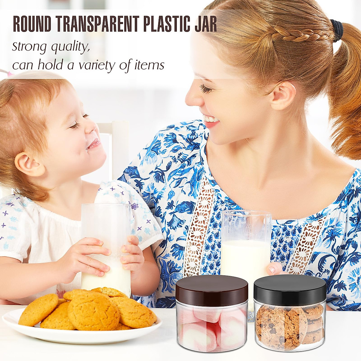 Mifoci 50 Pcs 10 Ounce Clear Plastic Jars Containers Airtight Wide Mouth Food Storage Jar for Kitchen Dry Food Butter Honey Cosmetics Cream, Black and Brown(3.35''l X 2.56''h)