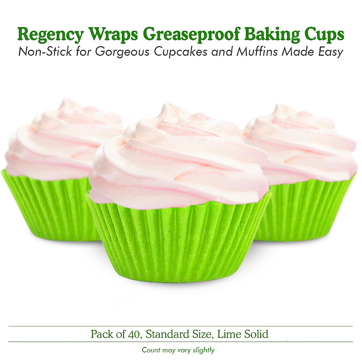 Regency Wraps Standard Baking Cups Greaseproof Professional Grade For Cupcakes and Muffins, Lime Solid, Pack of 40