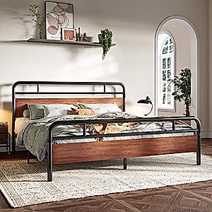 ONBRILL King Size Metal Bed Frame with Curved Wooden Headboard and Footboard, Mattress Foundation Platform Bed Frame with Under Bed Storage, No Box Spring Needed, Modern, Walnut