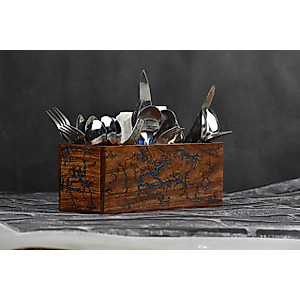 Utensil Caddy Silverware Cutlery Holder with 3 Compartment, Wooden Utensil Crock Flatware Organizers with Iron Stand, Rustic Kitchen Utensil Organizers for Farmhouse Kitchen and Countertop