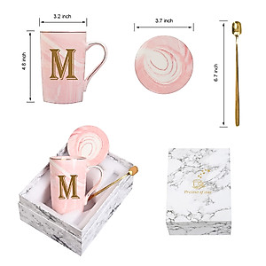 Letter M Personalized Initial Mug, Letter M Personalized Marble Coffee Mug, Letter Coffee Mugs for Women, Bridal Shower Gifts, Man and Women's Initials Gifts Mug 14 Ounce Pink with Gift Box