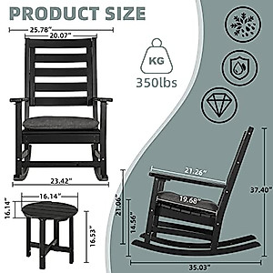 HOPUBUY Outdoor Rocking Chair Set of 3 with Cushion, HDPE Patio Rocking Chair, All Weather Resistant Rocker Chairs for Porch Garden Yard Living Room, Black