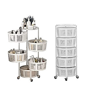 Rotating Kitchen Storage Rack 5 Tier Round Metal Baskets on Wheels Floor-Standing Fruit and Vegetable Storage Basket Household Storage Rack for Bathroom Kitchen Living Room, White
