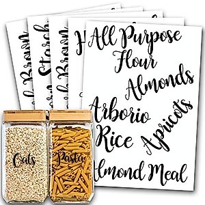 106 Pantry Labels Stickers by 7 Ruby Road for Kitchen Organization and Storage. Clear Water Resistant, Farmhouse Cursive Script for Food Canisters, Containers, Mason Jars for flour, sugar, coffee