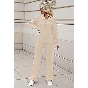 Pink Queen Women's 2 Piece Jogger Set Oversized Ribbed Knit Button Sweater Top Long Pants Tracksuit Pajama Set Beige XL