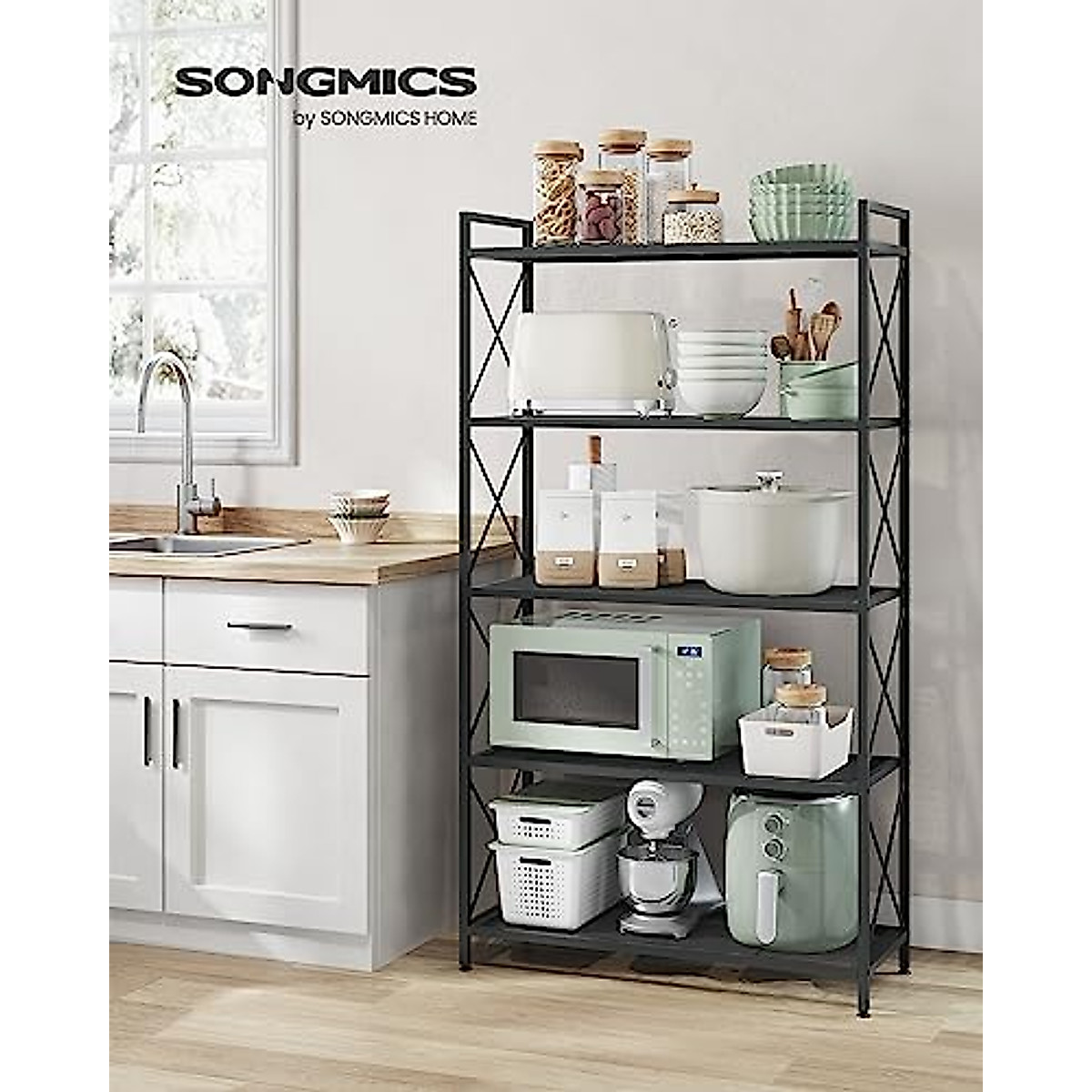 SONGMICS 5-Tier Metal Storage Rack, Shelving Unit with X Side Frames, Dense Mesh, 12.6 x 31.5 x 57.3 Inches, for Entryway, Kitchen, Living Room, Bathroom, Industrial Style, Black UBSC185B01