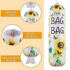 Sunflower Plastic Bag Holder for Kitchen, Plastic Bag Organizer and Dispenser Wall Mount Plastic Bags with Self-adhesive Hooks Garbage Shopping Trash Bags Storage Sunflower Farmhouse Home Decor