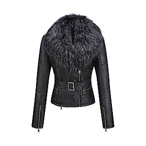 Bellivera Women's Faux Leather Short Jacket Moto Sherpa-Lined Belt Coat with Removable Fur Collar 9203 Black M