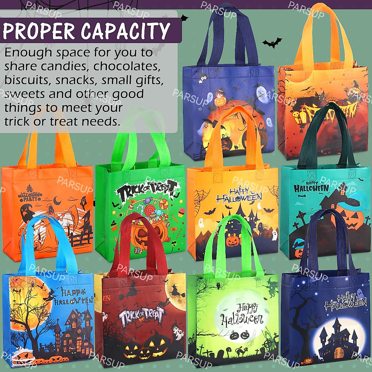 PARSUP 10PCS Halloween Bags,Halloween Tote Bags with Handles, Gift Bags, Multifunctional Non-Woven Halloween Bags for Gifts Wrapping, Trick or Treat, Halloween Party Supplies, 7.9"×7.9"×3.15"