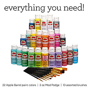 Apple Barrel Art Lessons Paint and Brush Set, 34 pc Kit Including 23 2 fl oz Apple Barrel Acrylic Paint Colors, 1 2 fl oz bottle of Mod Podge Matte, 10 FolkArt Brushes, 6 Video Lessons And More