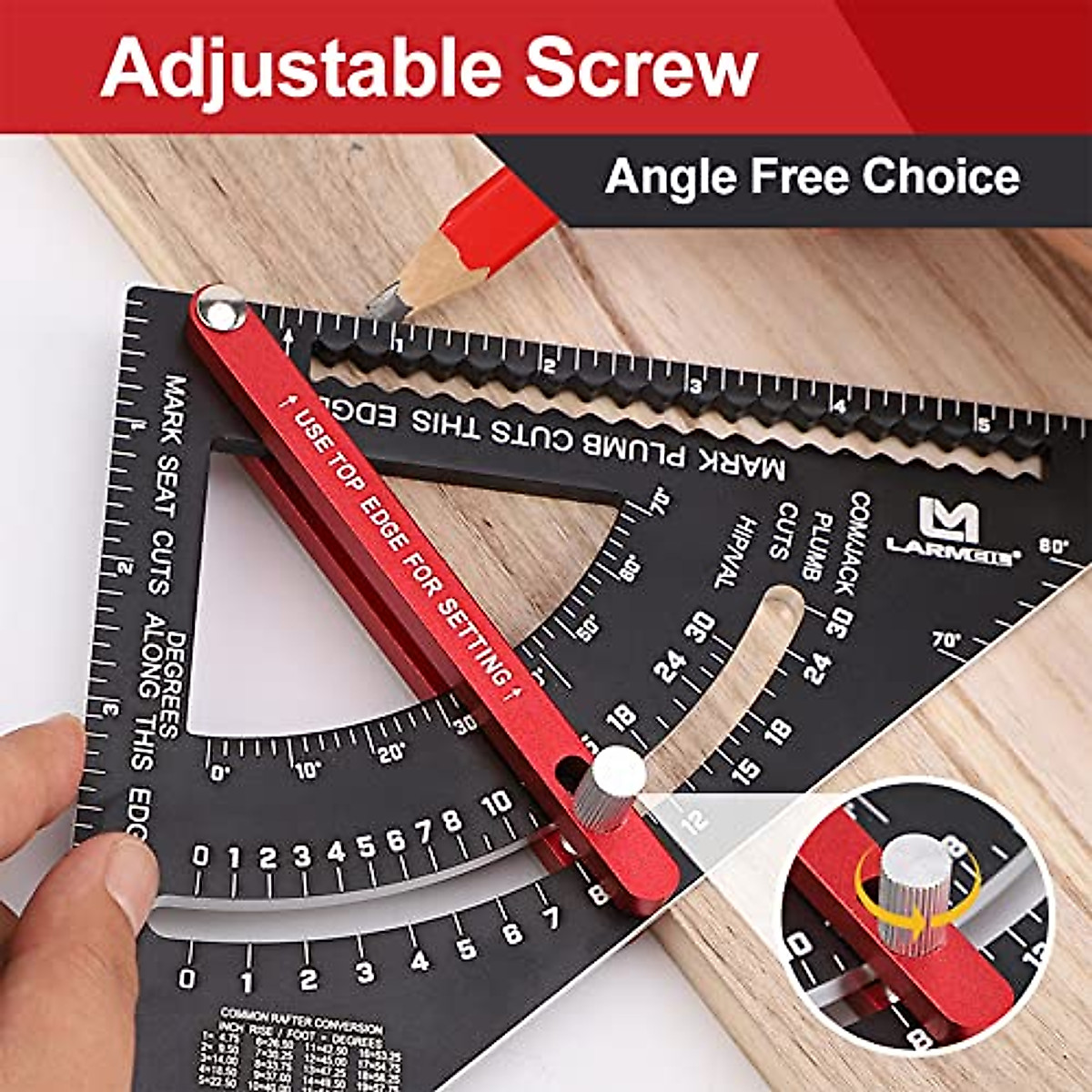 LARMEIL Carpenter Square, 7 inch Woodworking Tools Framing Square, Carpenter Tools and 2 Pencils Combination Square, Adjustable Angle Triangle Ruler, Metal Rafter Square (Angular Positioning Square)