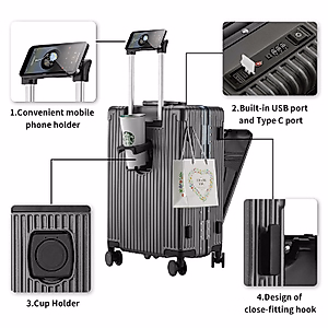 CAARANY Versatile Aluminum Frame Carry-On Luggage with USB Charging Port, Front Compartment, TSA Lock, Airline Approved Carry On Hardside Suitcase with Spinner Wheels (Grey, 20inch)