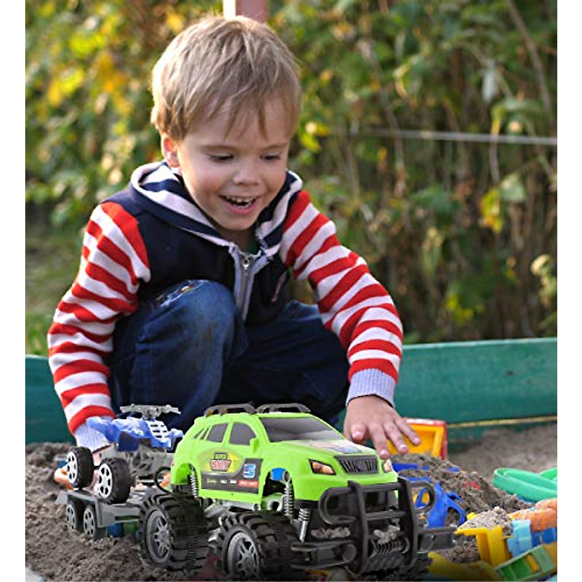 Mozlly Friction Powered Monster Trucks Car Toy SUV Towing ATV Toys Set of 2 - Monster Truck with Trailer ATV Toys for Fun Playtime Indoor or Outdoor - 2 Pack