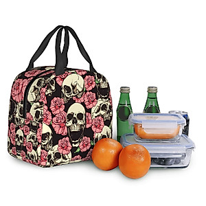 Skull Lunch Bag Box Tote Pink Rose Flowers Organizer Lunch Container Black Insulated Zipper Meal Prep Cooler Handbag For Women Men Home School Office Outdoor Gift