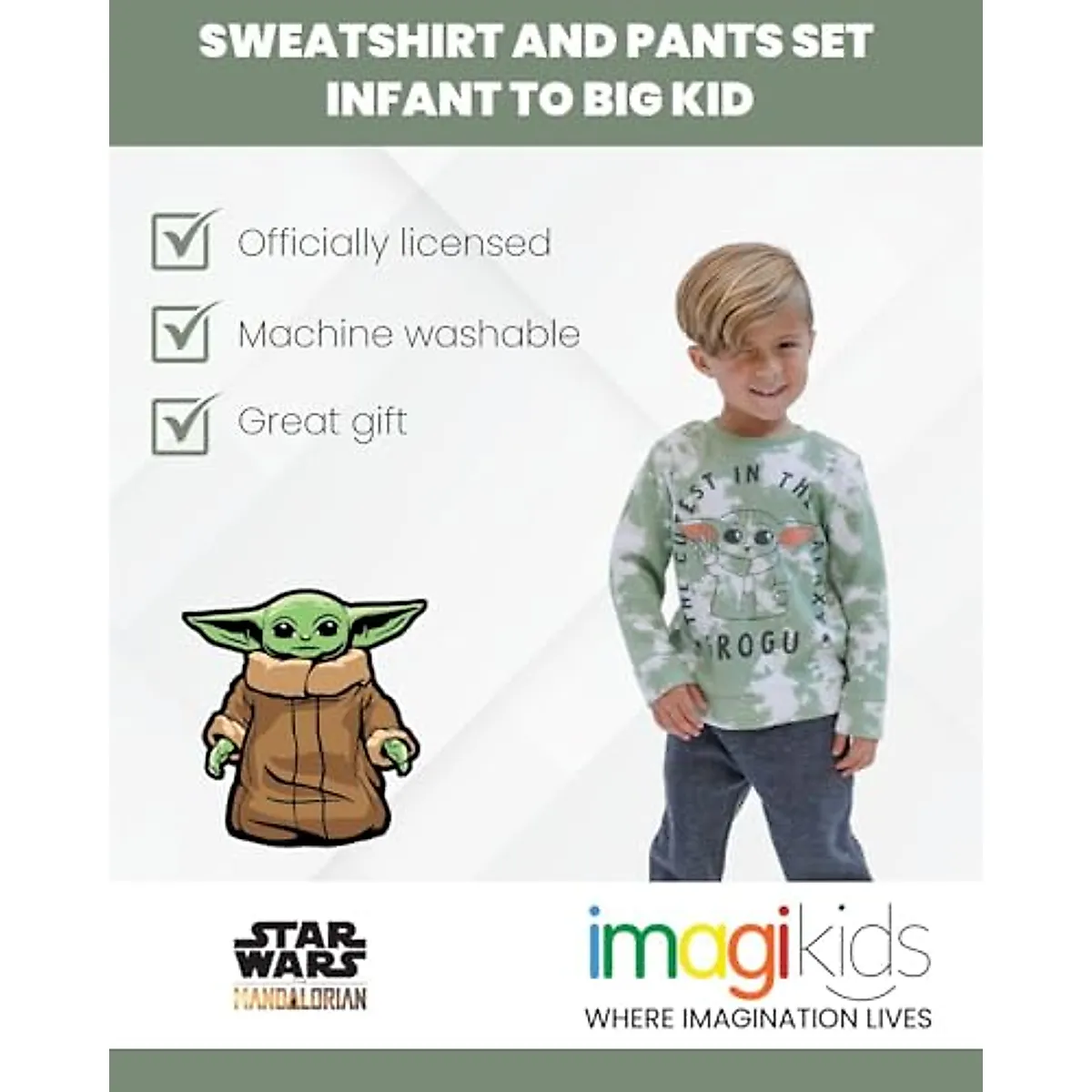 STAR WARS The Mandalorian The Child Little Boys Fleece Sweatshirt and Pants Set Tie Dye Green/Grey 7-8