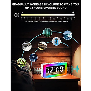 Umedo Alarm Clock for Bedrooms Dual Alarm Clocks 8 RGB Night Lights, 3 Mode Mirror Clock, USB Port, 8 White Noise, 7 Wake-Up Sounds, 16 Level Volume, 0%-100% Dimmable, Bedside Clock for Kids & Adult