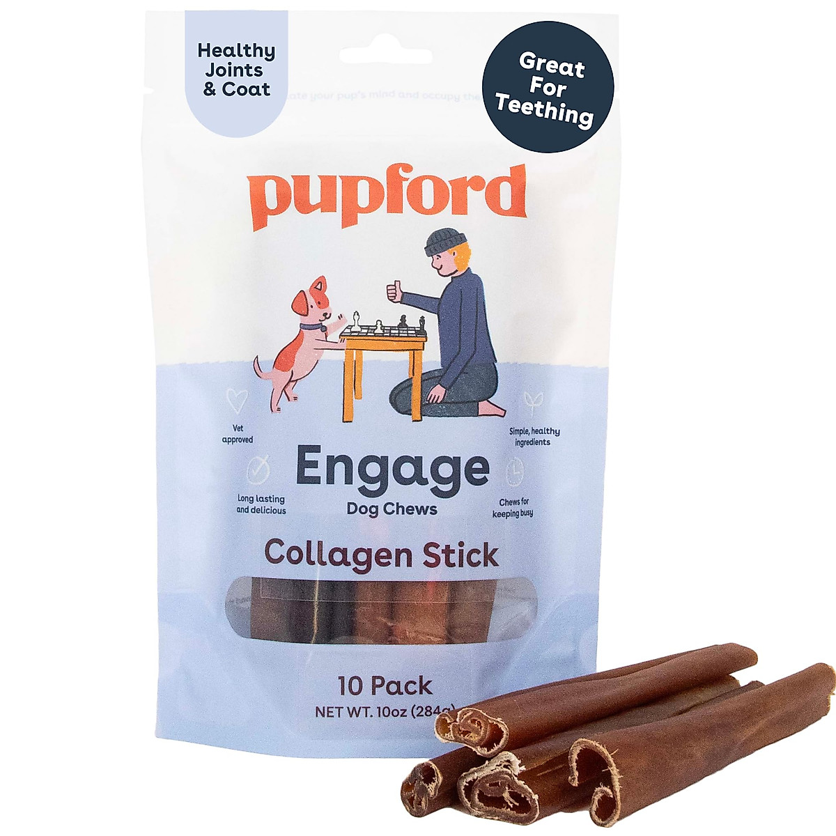 Pupford Collagen Stick Chews for Dogs & Puppies, All Natural, Healthy, Bully Stick and Bone Alternative Treat (6", 10 Pack)