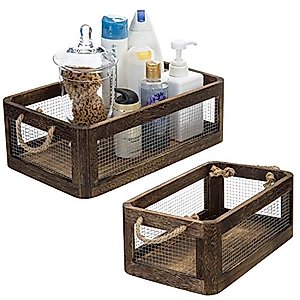 MyGift Rustic Solid Burnt Wood Decorative Nesting Storage Box Organizer with Metal Wire Mesh Sides and Rope Handles, Set of 2