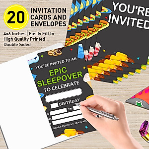 Sleepover Birthday Invitations for Boys with Envelopes, Invites for Birthday Party Video Game, Slumber Birthday Party Invitations Cards, You're Invited to an Epic Sleepover Party, 4"x6" Set of 20