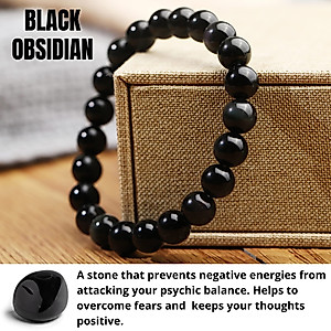 Crystal Vibe Black Obsidian Bracelet - Healing Crystal Bracelet for Spiritual Healing Positive Energy Stress Relief– 8mm Round Black Beaded Bracelets for Women Men - Elastic Adjustable Size