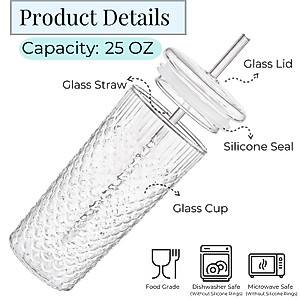 Tlence 2 Pack Glass Tumbler Cup With Lids and Straws, 25 OZ High Borosilicate Iced Coffee Cup, Embossed Fish Scale Glass Travel Mug for Smoothie Bubble Tea Juice Milk Water