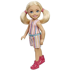 Barbie Chelsea Doll, Small Doll with Blonde Pigtails & Blue Eyes in Removable Striped Dress & Pink Boots