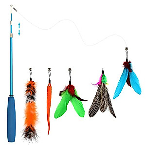 Depets Cat Feather Wand, Retractable Cat Wand Toy, 5PCS Assorted Feather Refills with Bell, Interactive Cat Toy Wand for Indoor Cat and Kitten Funny Exercise